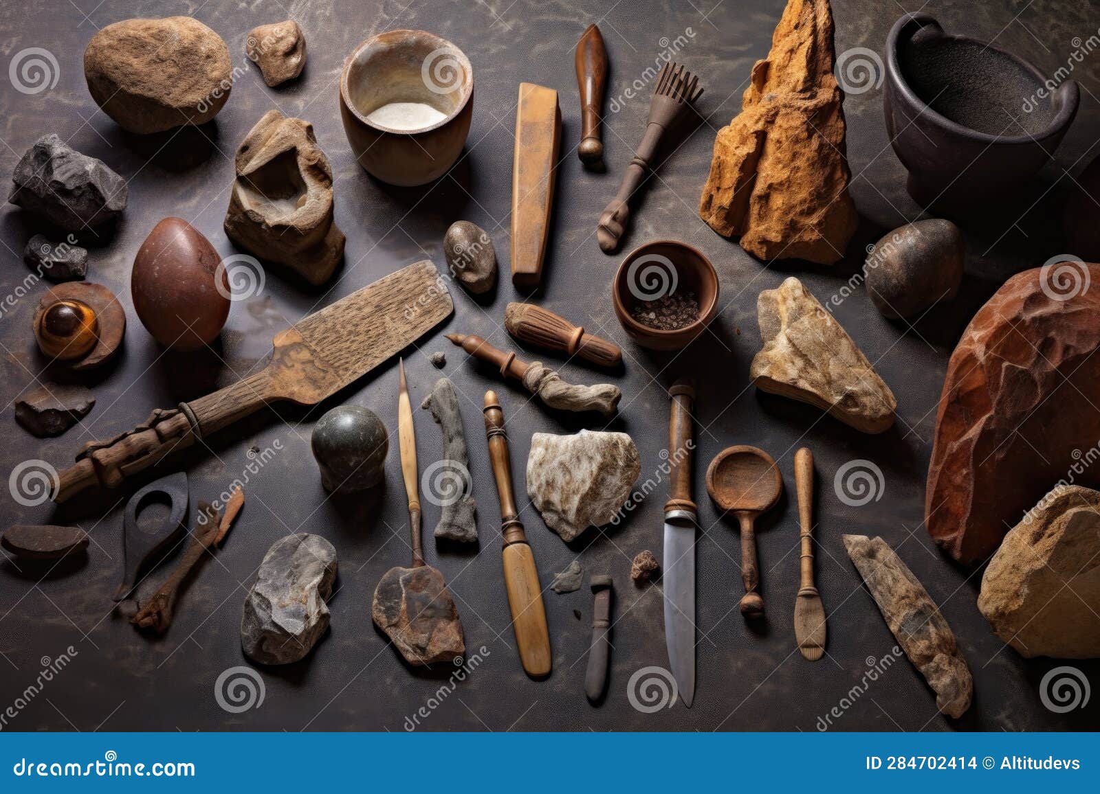 Ancient Stone Tools Displayed on Natural Surface Stock Photo - Image of ...