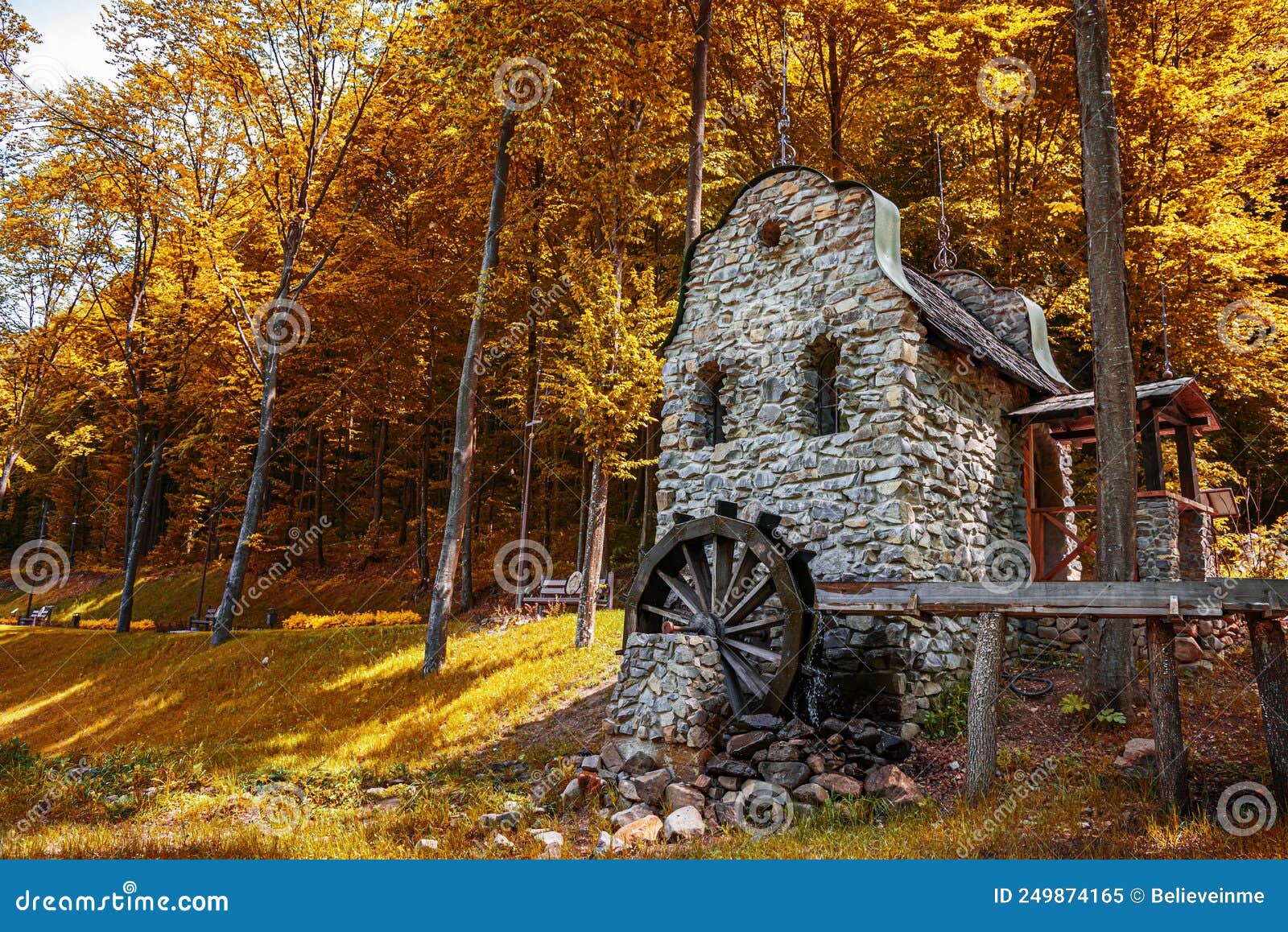 Ancient stone watermill. stock image. Image of stream - 249874165