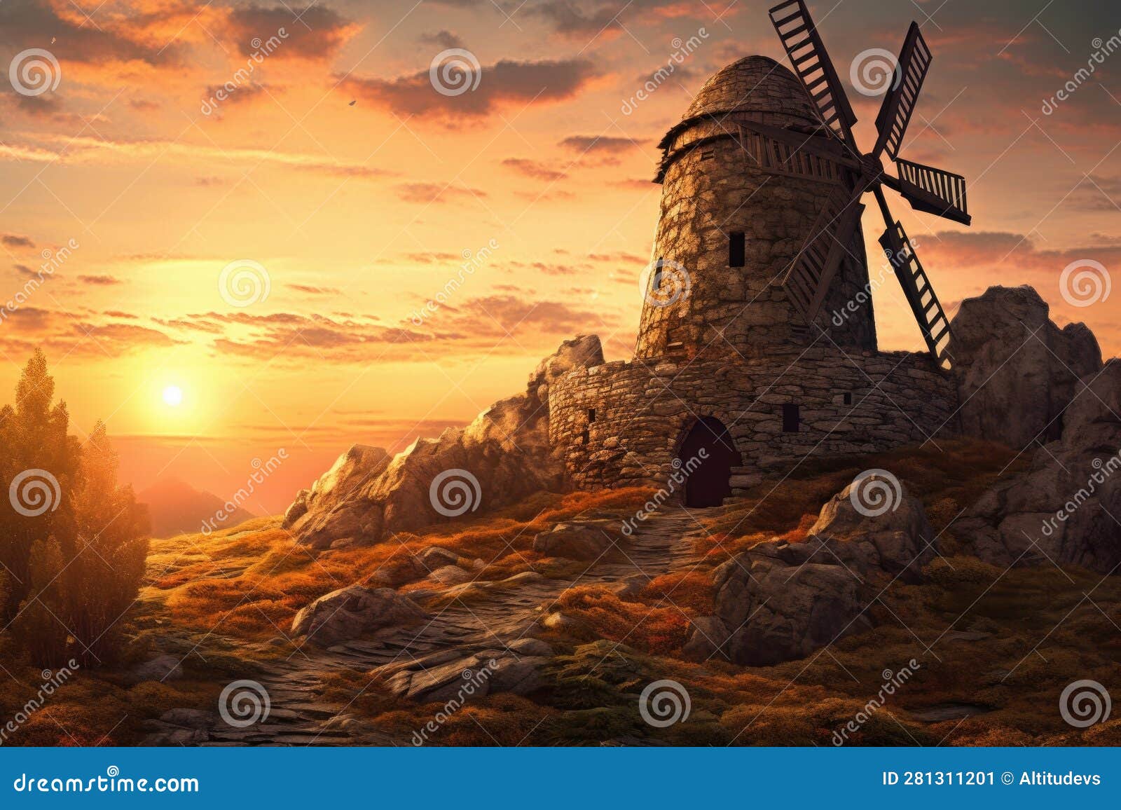 Ancient Stone Windmill on Hill at Sunset Stock Illustration ...
