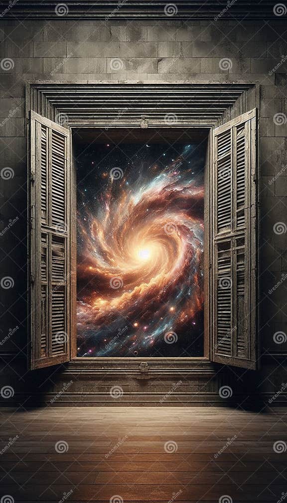 Ancient Stone Window Frames a Galactic Panorama Stock Illustration ...