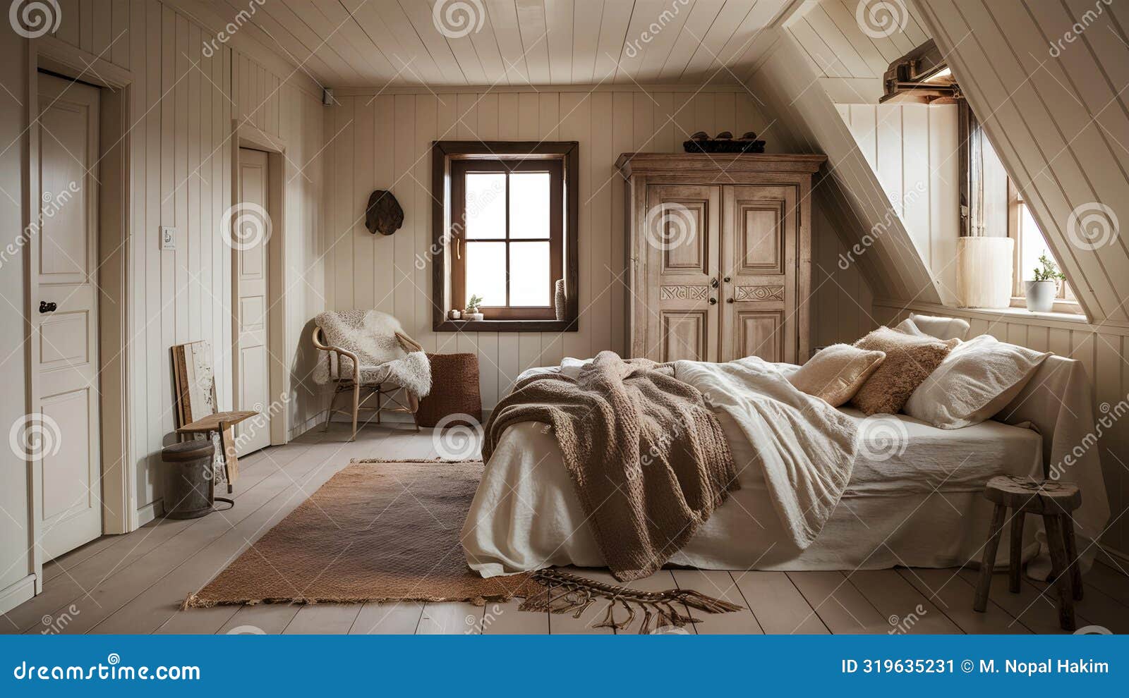 Ancient Style Bedroom Design in the Attic of the House Stock ...