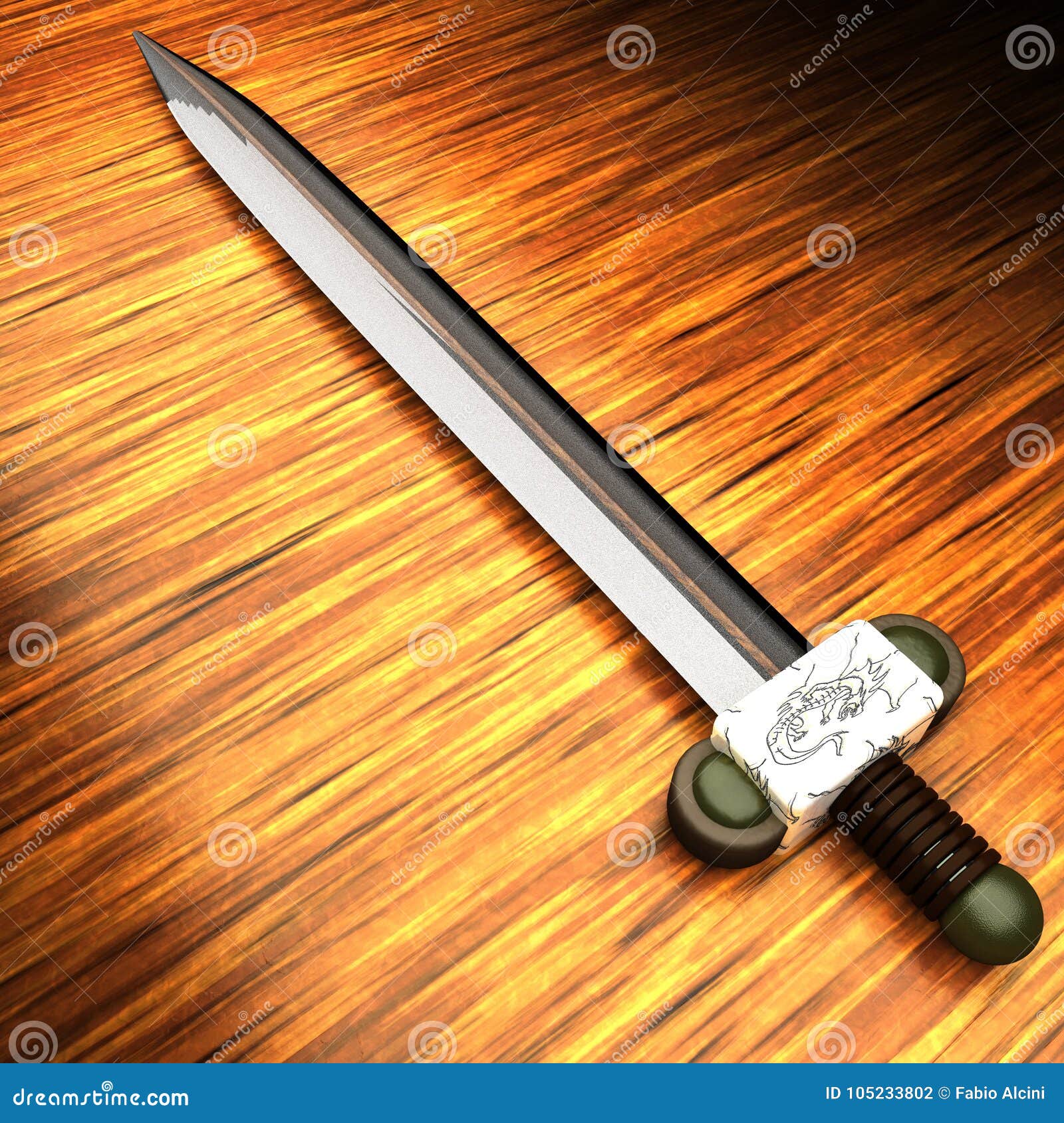 Ancient Sword Over Wooden Table Stock Illustration - Illustration of ...