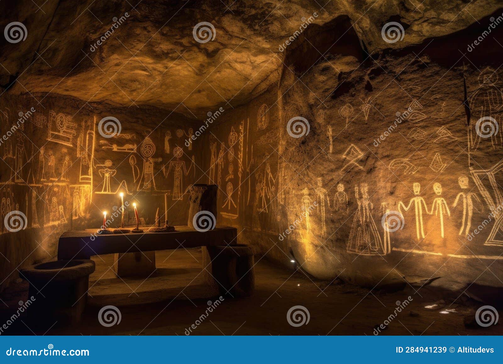 Ancient Symbols and Drawings on a Cave Wall Illuminated by Torchlight ...