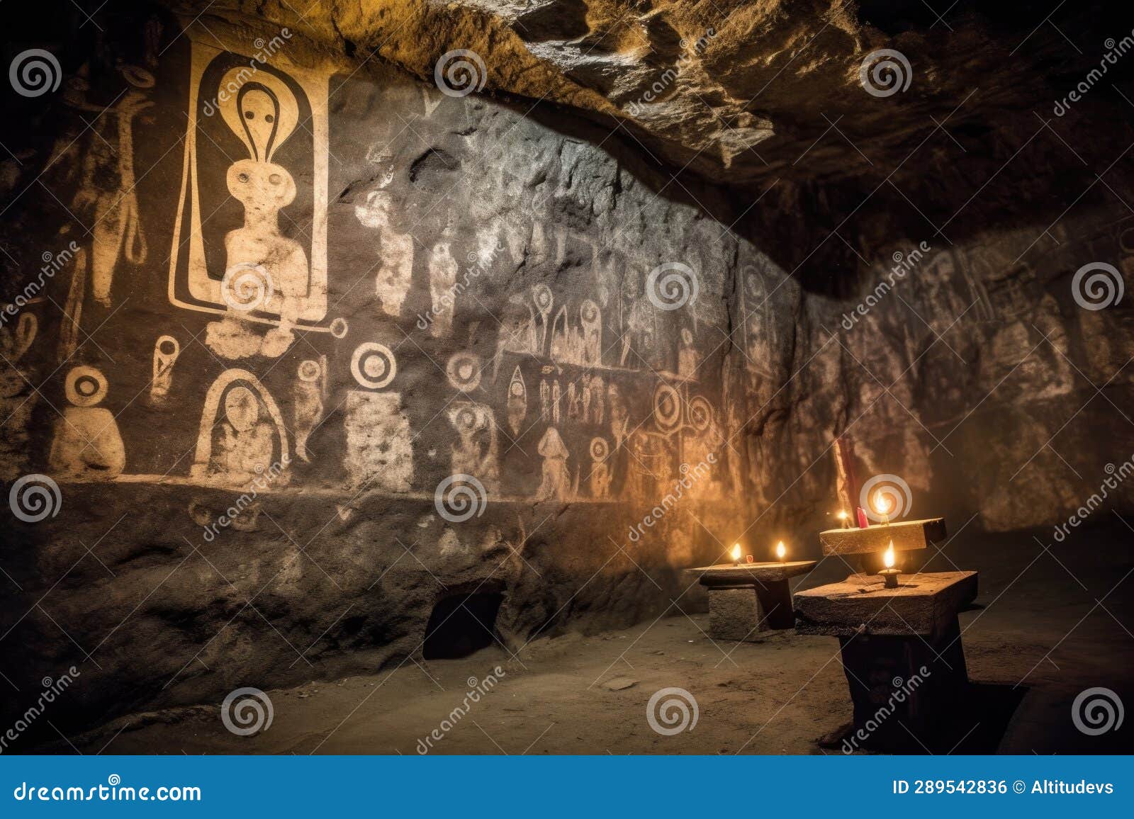 Ancient Symbols and Drawings on a Cave Wall Illuminated by Torchlight ...