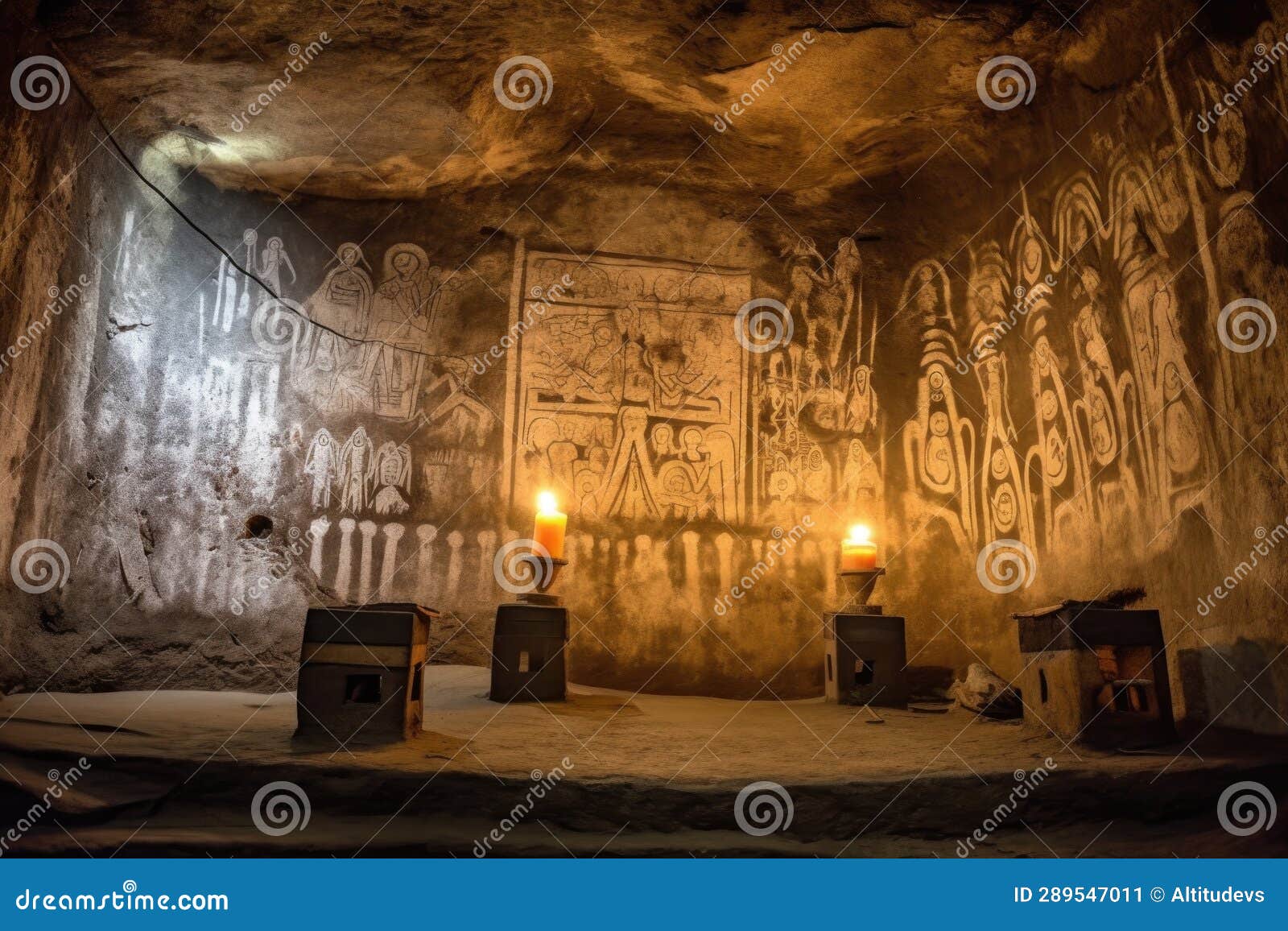 Ancient Symbols and Drawings on a Cave Wall Illuminated by Torchlight ...