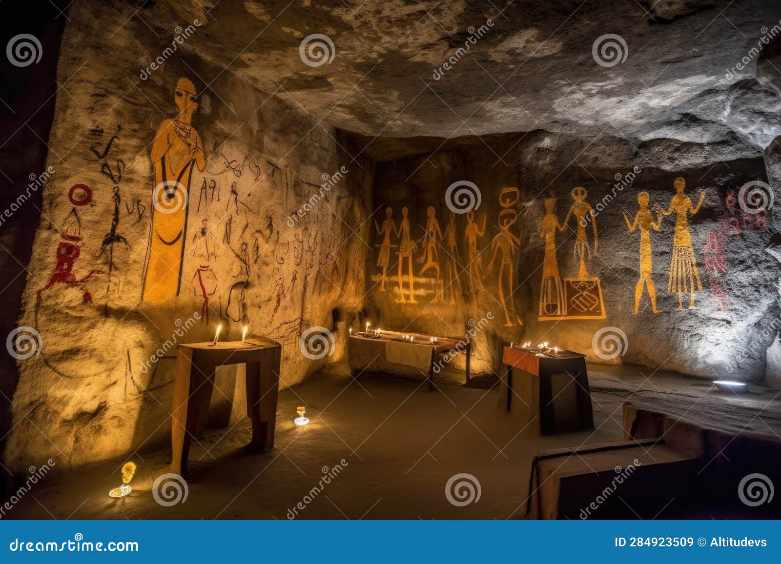 Ancient Symbols and Drawings on a Cave Wall, Lit by Torchlight Stock ...