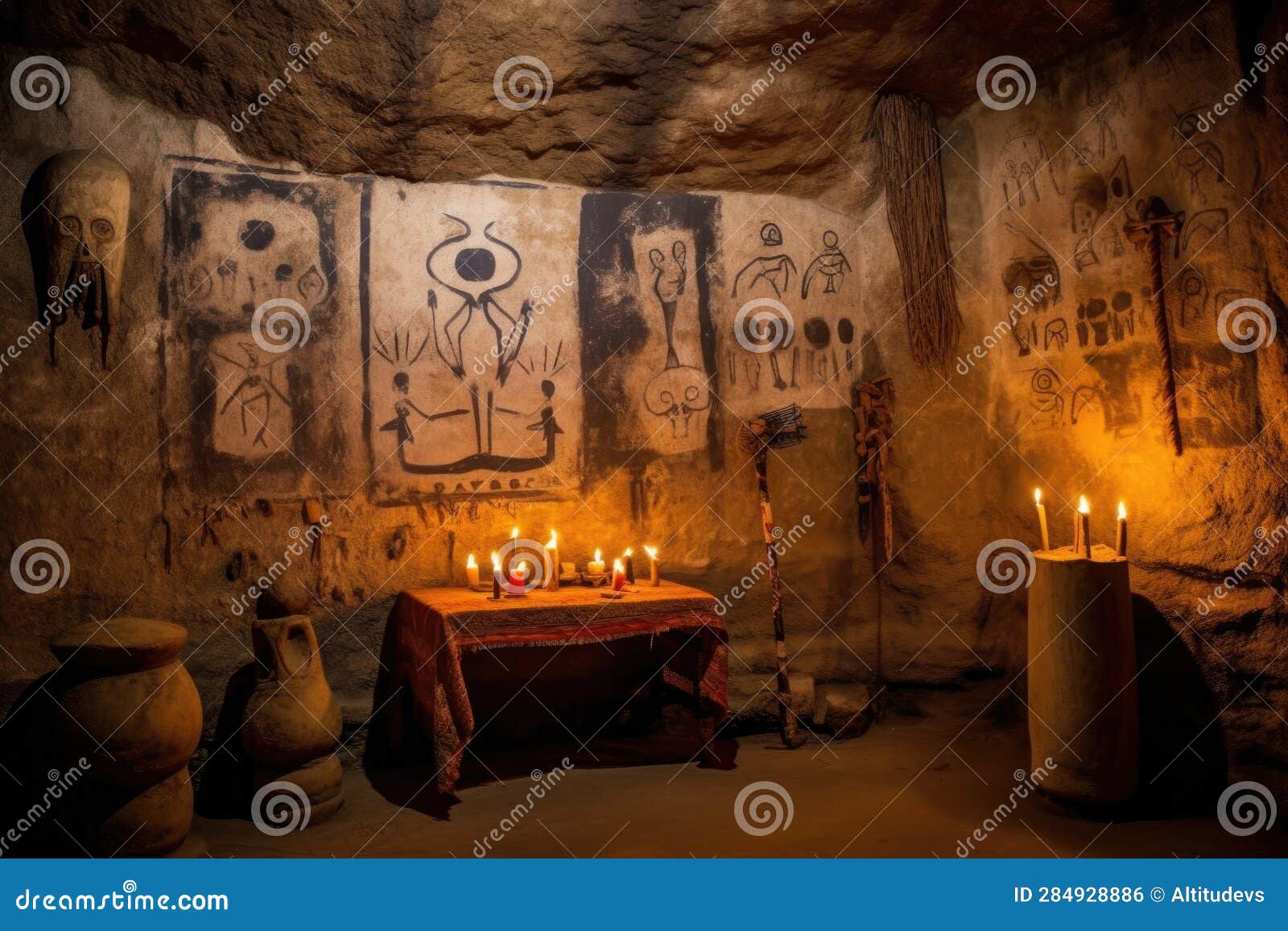 Ancient Symbols and Drawings on a Cave Wall, Lit by Torchlight Stock ...