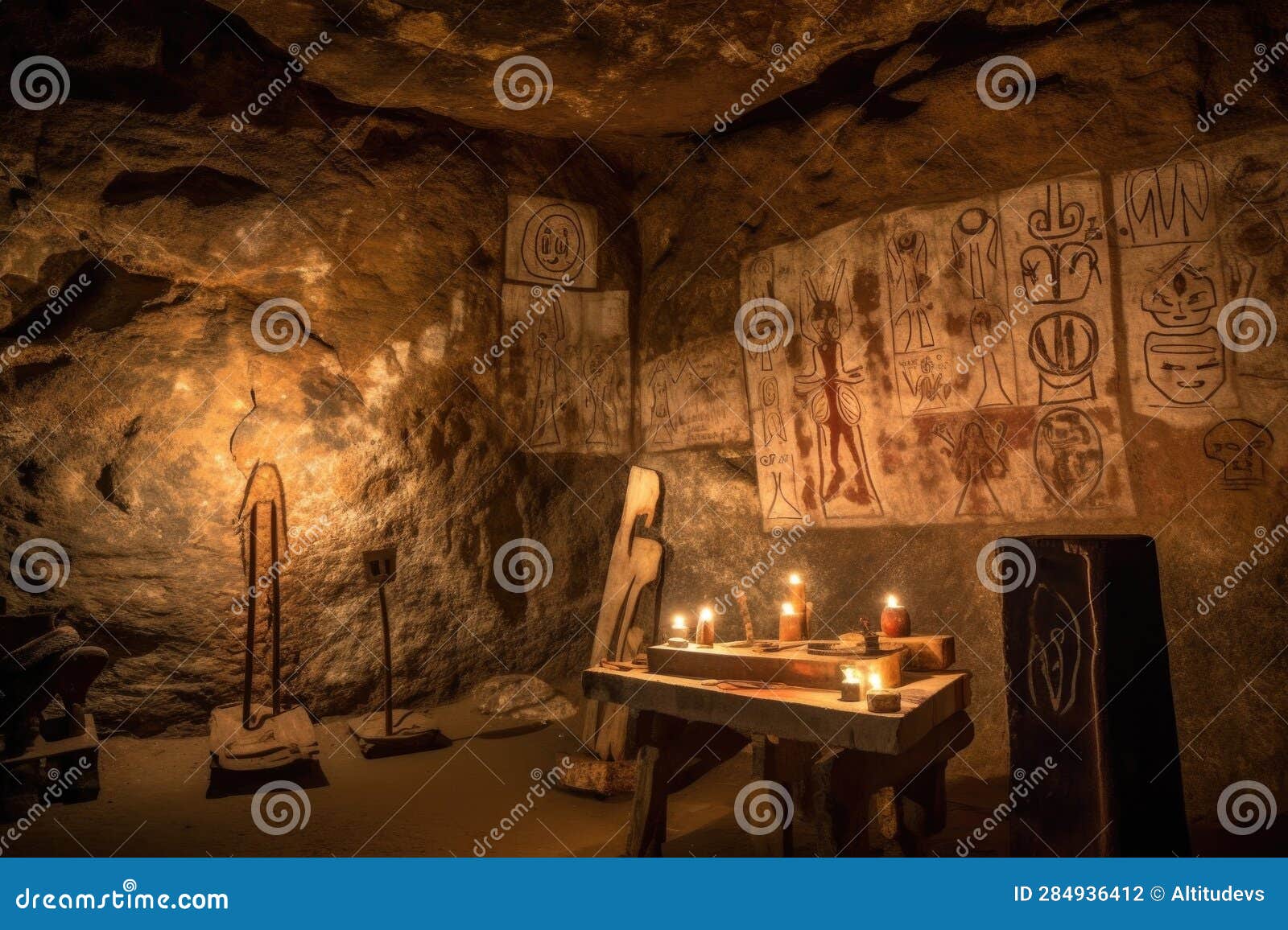 Ancient Symbols and Drawings on a Cave Wall, Lit by Torchlight Stock ...