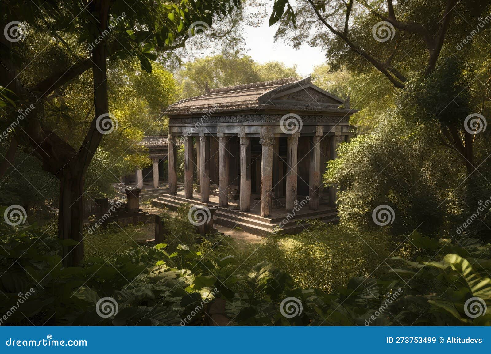 Ancient Temple, with Columns and Towering Roof, Surrounded by Lush ...