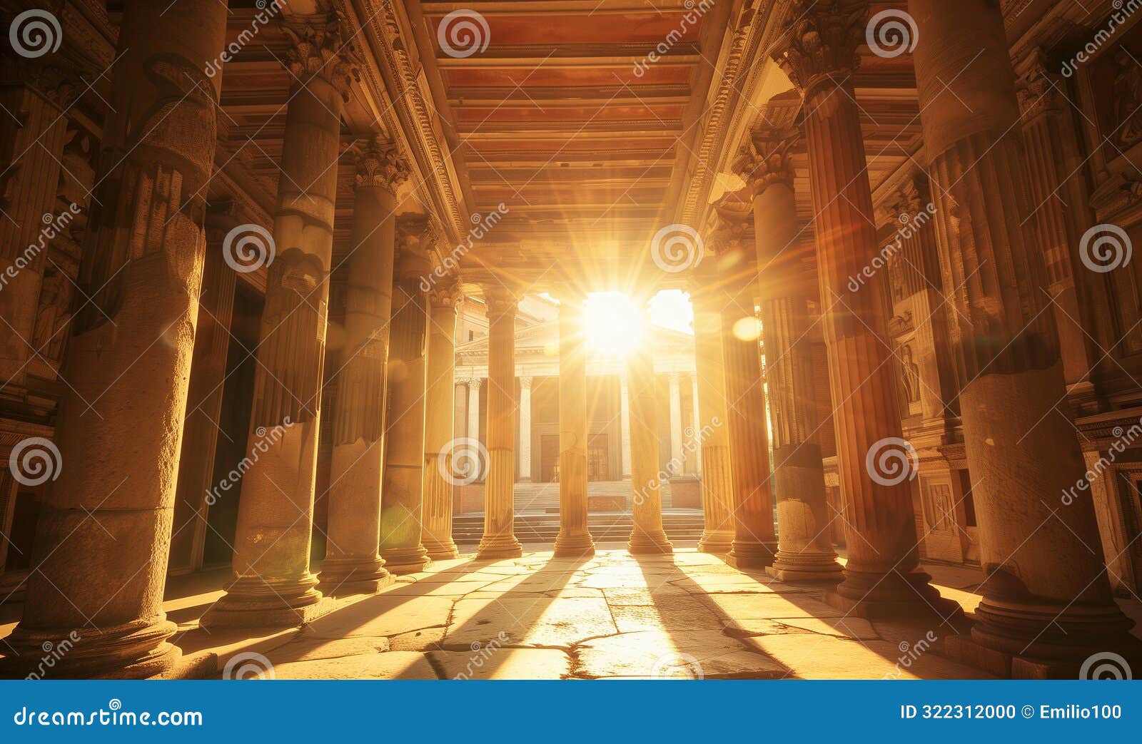 Ancient Temple with Columns Under the Sun Rays, Interior Panoramic ...