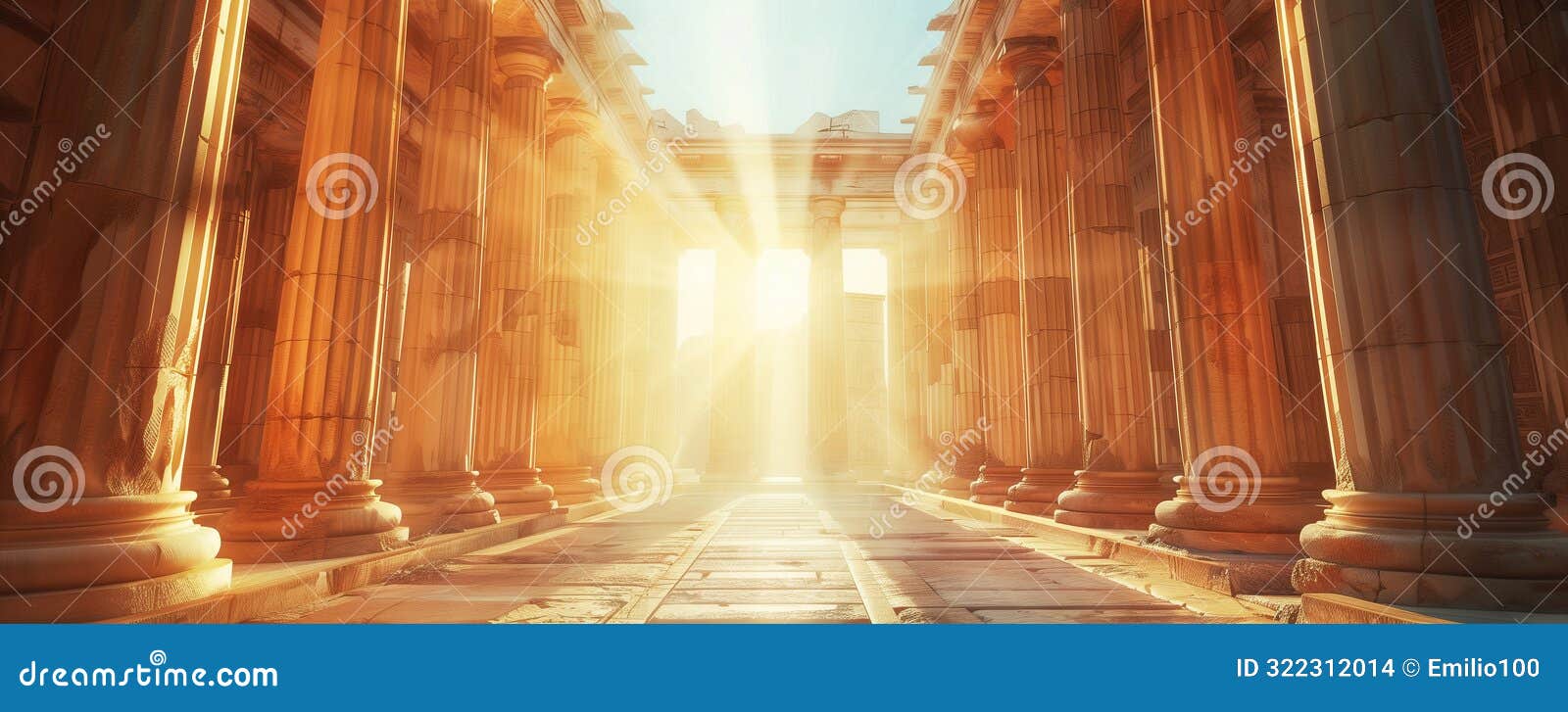 Ancient Temple with Columns Under the Sun Rays, Interior Panoramic View ...
