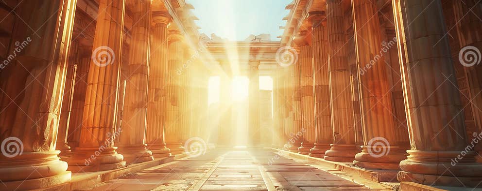 Ancient Temple with Columns Under the Sun Rays, Interior Panoramic View ...