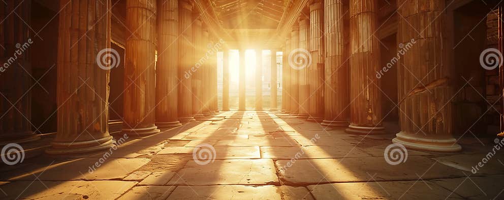 Ancient Temple with Columns Under the Sun Rays, Interior Panoramic ...