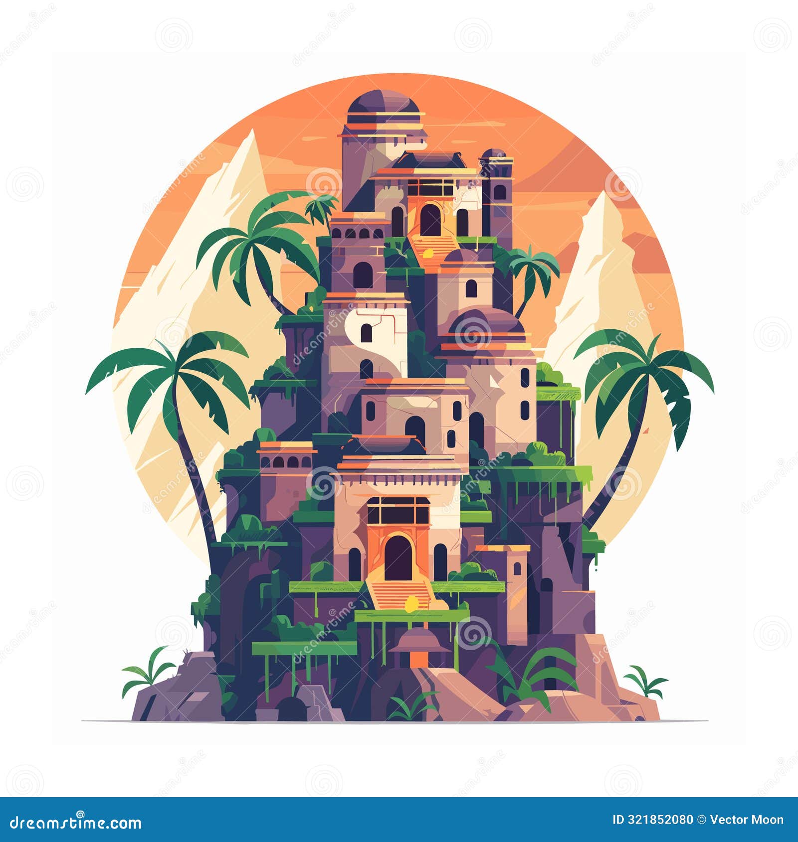 Ancient Temple Complex Ensconced Lush Palms Under Setting Sun. Stylized ...