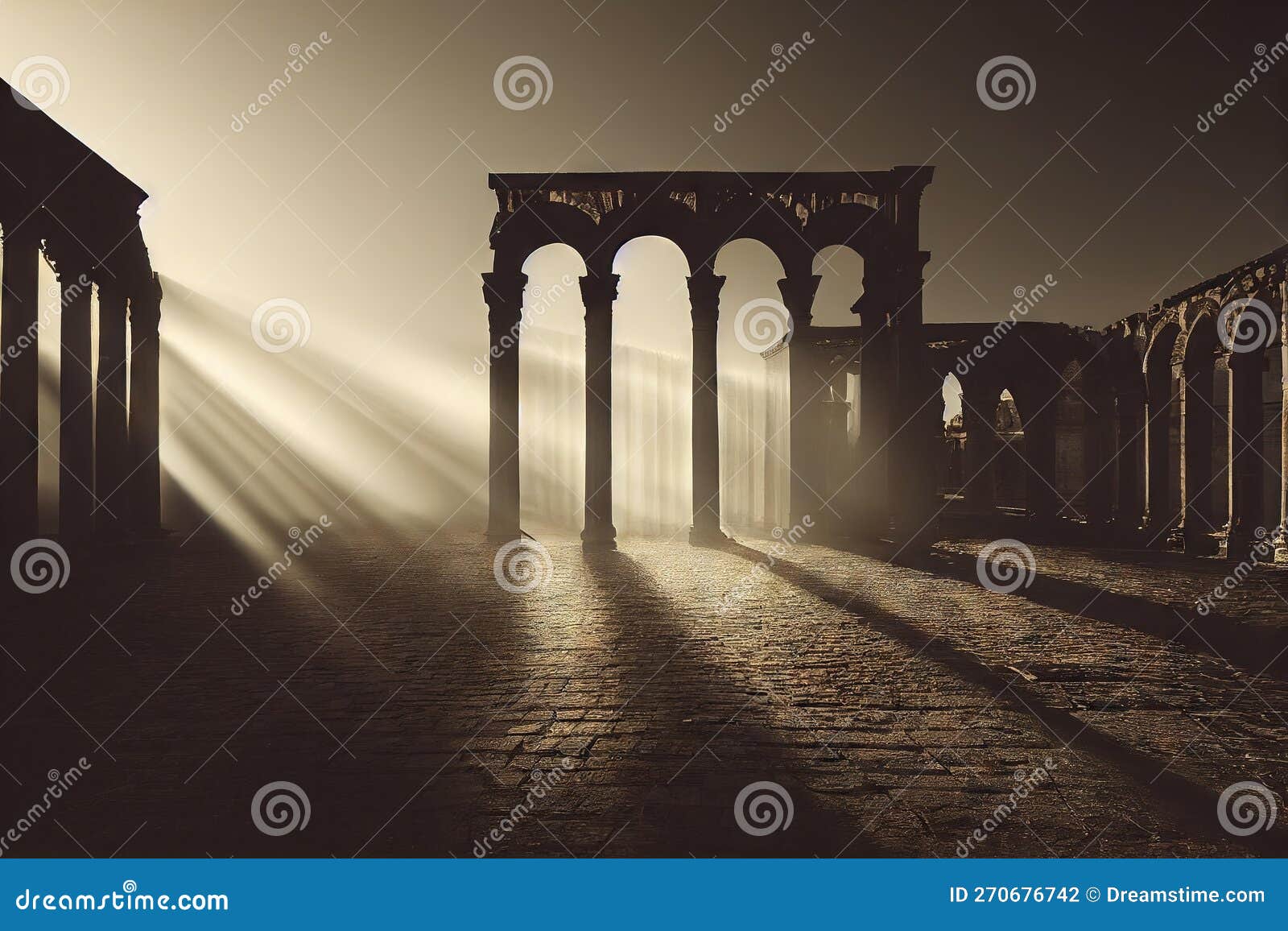 Ancient Temple Dark Columns Ruins and Mystical Light Background Digital ...