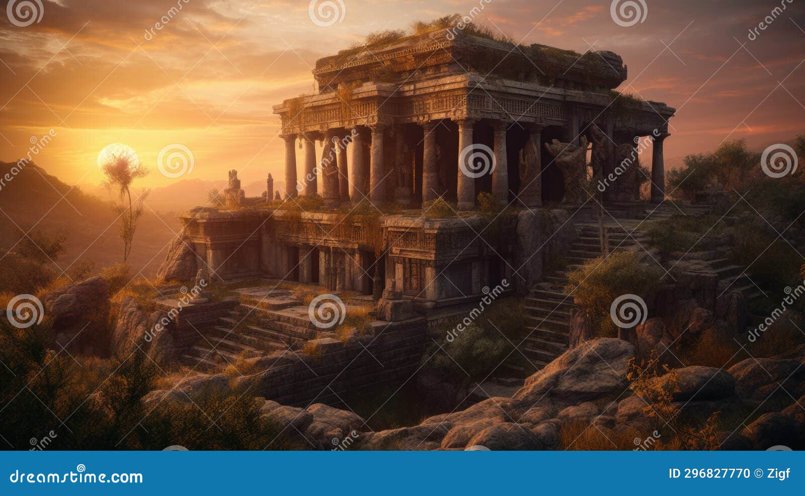 Ancient Temple in the Desert at Sunset Stock Illustration ...