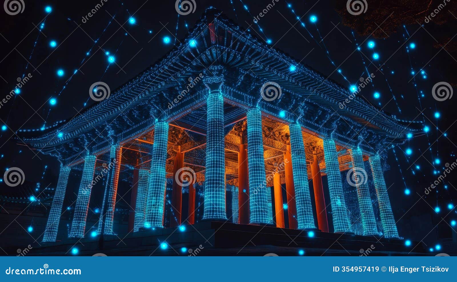 Ancient Temple in Digital Web Illuminated Korean Architecture at Night ...