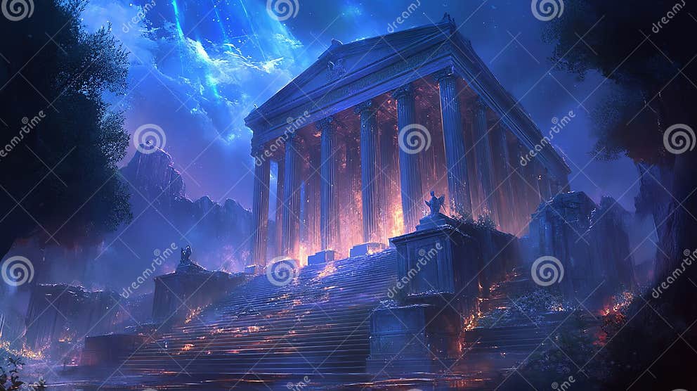 Ancient Temple with Dramatic Stormy Sky and Glowing Ruins Stock ...