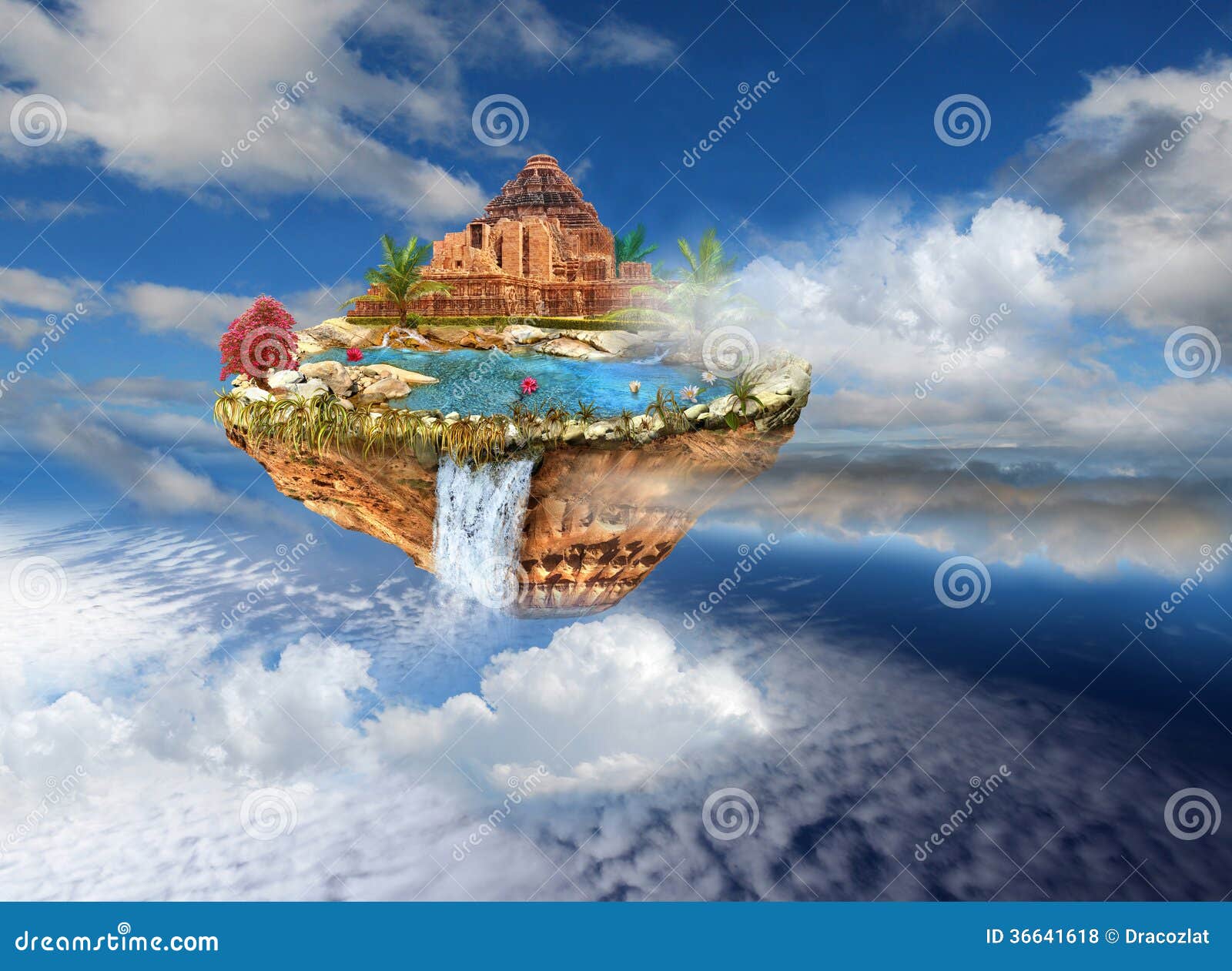 Ancient Temple on Flying Island in Sky Stock Illustration ...