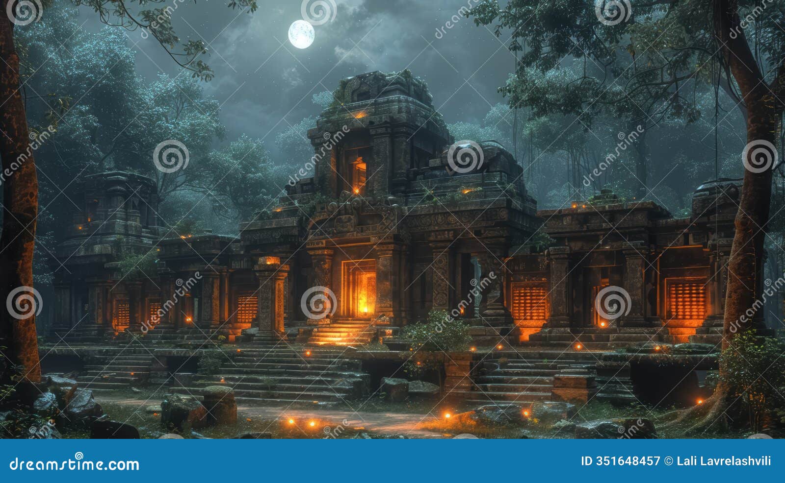 Ancient Temple in Forest at Night, Overgrown Ruins of Old Building ...