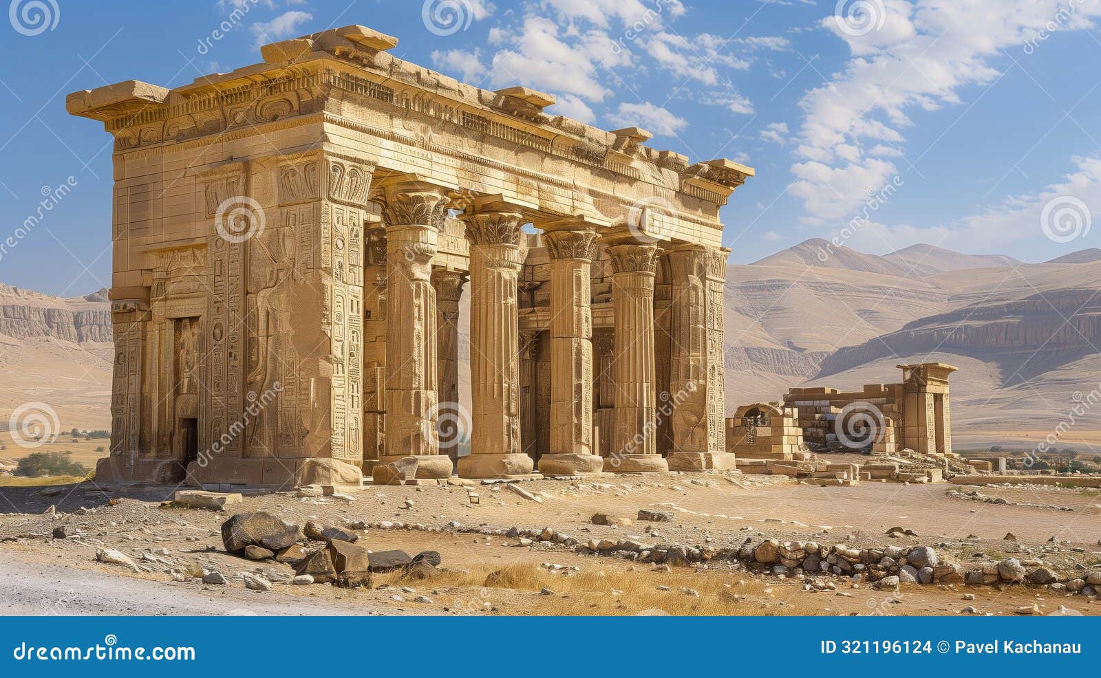 An Ancient Temple in Hatra, Iraq, with a Clear Blue Sky and Mountains ...