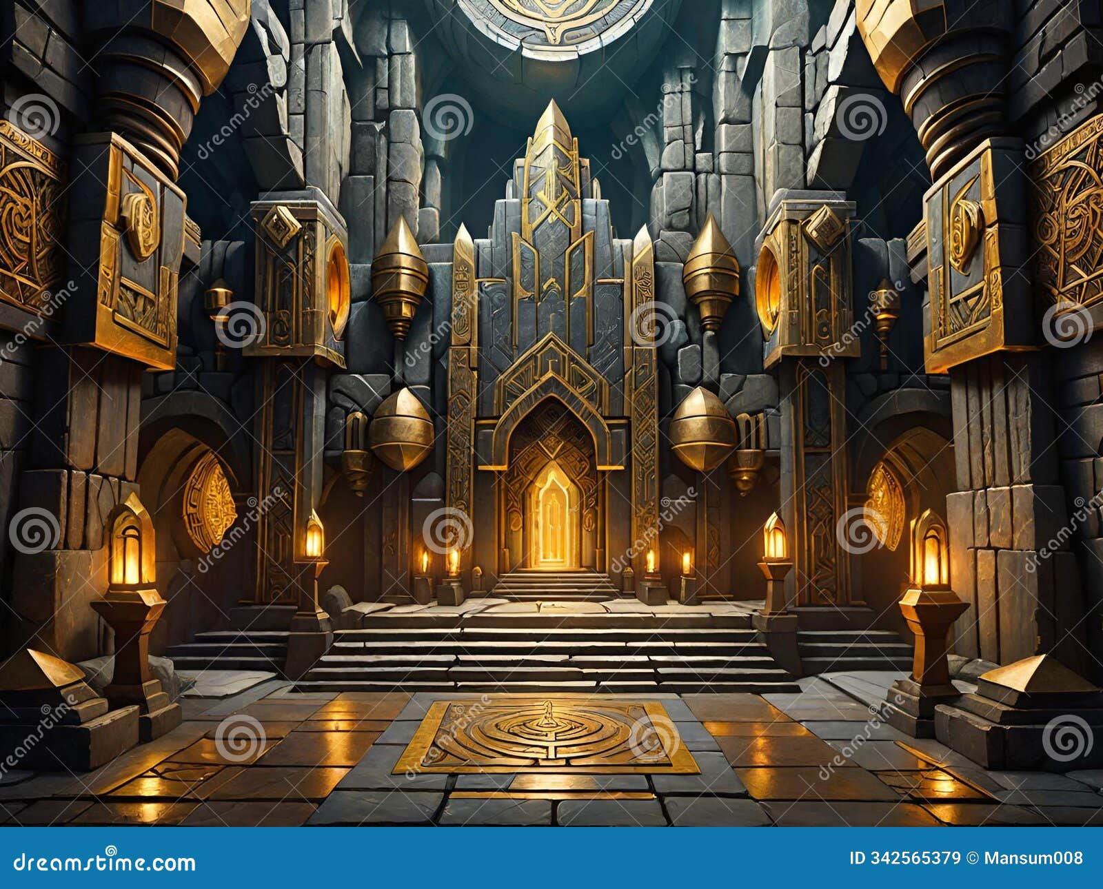 Ancient Temple Interior with a Beautiful Night Stock Illustration ...