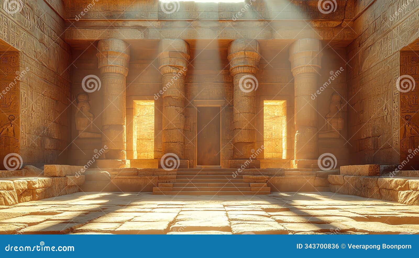 Ancient Temple Interior with Sunlight Illuminating Stone Columns and ...