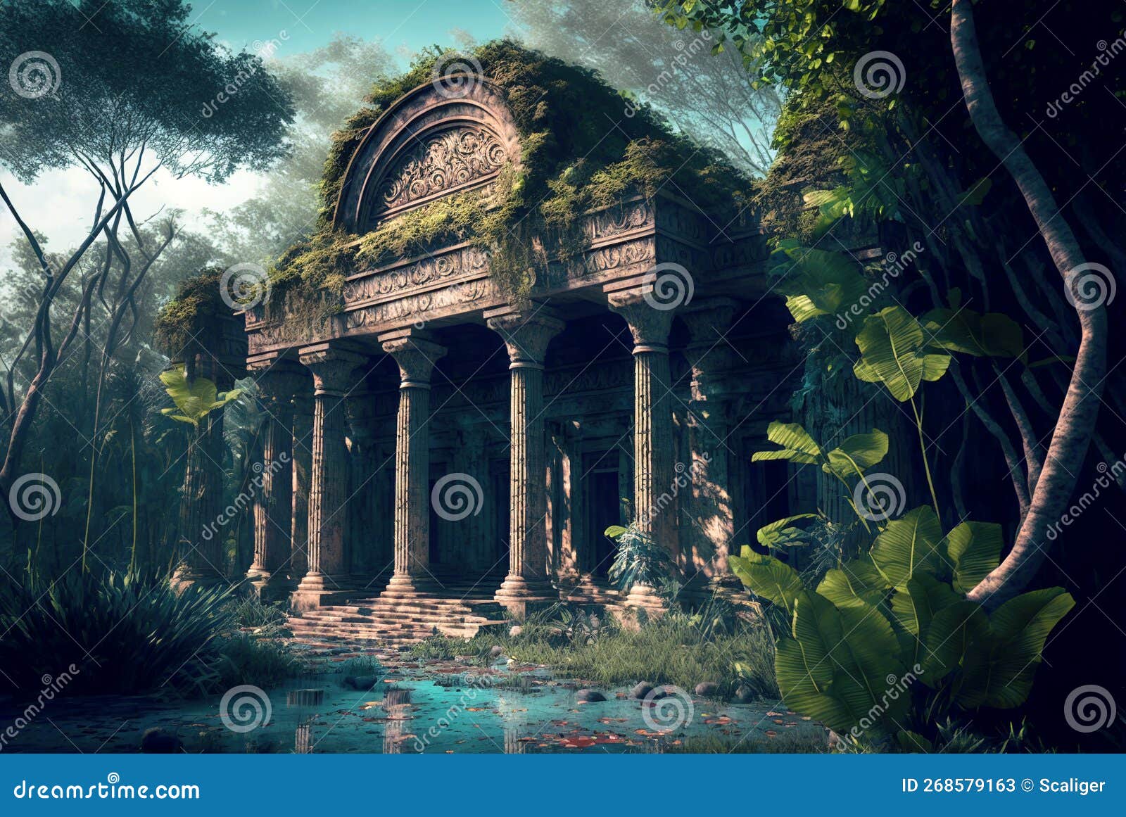 Ancient Temple in Jungle, Old Ruins in Tropical Forest and Water ... Ancient Temple in Jungle, Old Ruins in Tropical Forest and Water ...