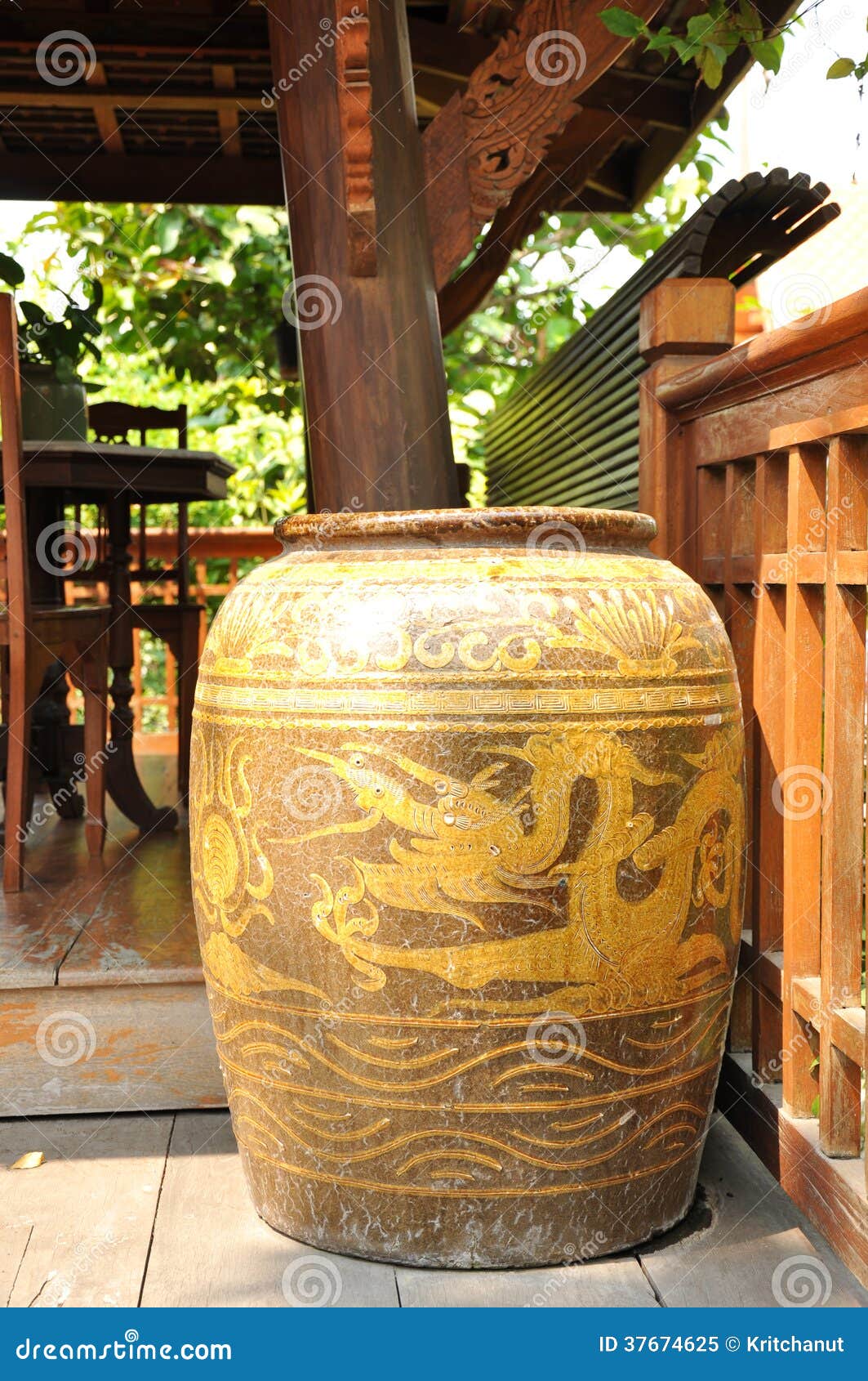 Ancient Thai Style Glazed Water Jar with Dragon Pattern Stock Image ...