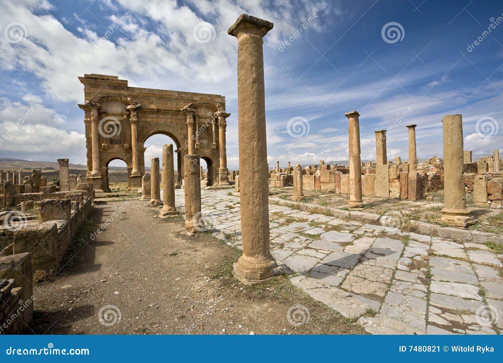 Ancient Thamugadi stock image. Image of rome, clouds, paving - 7480821