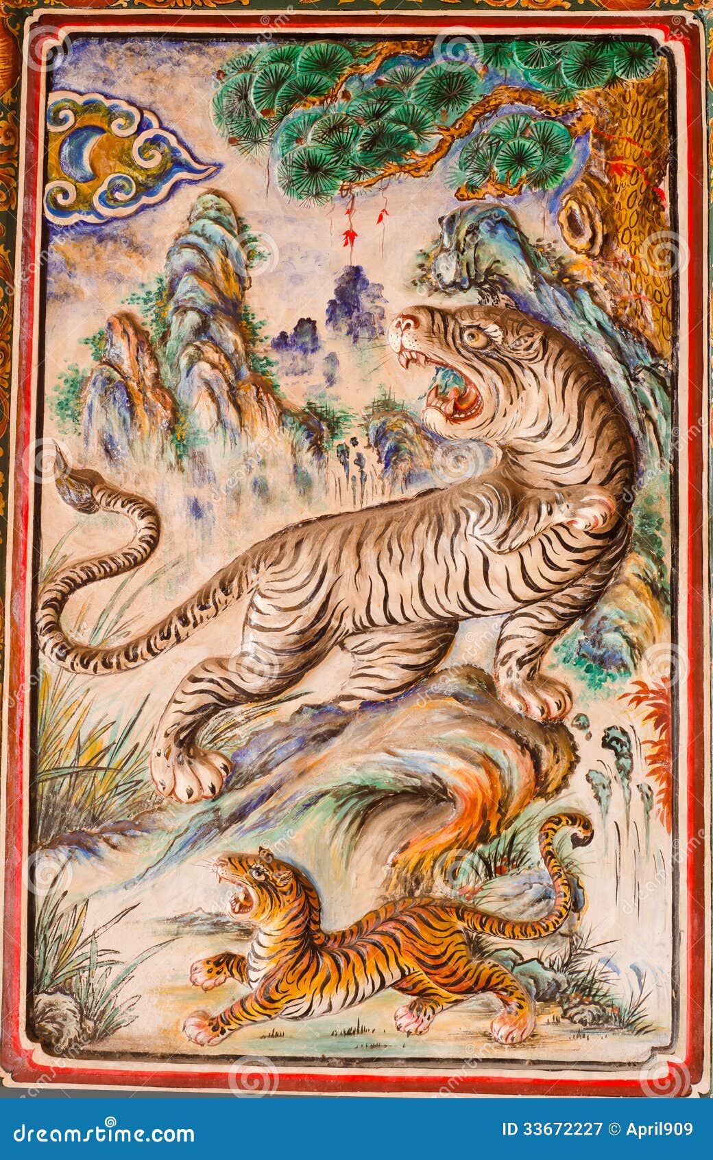 Ancient Tigers Design on Wall Background in Chinese Temple at Ph Stock ...