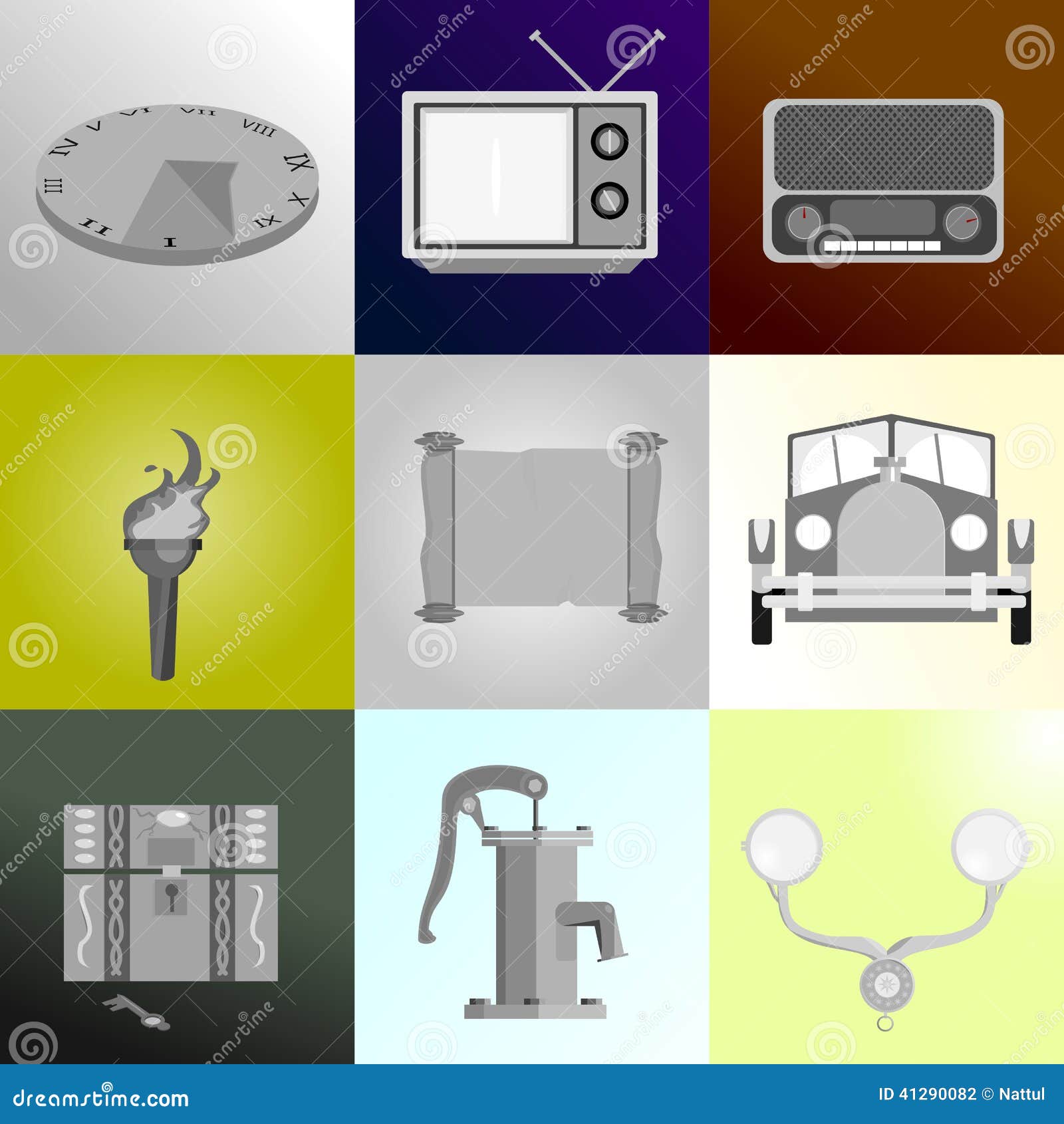 Ancient tools icon set stock illustration. Illustration of clock - 41290082