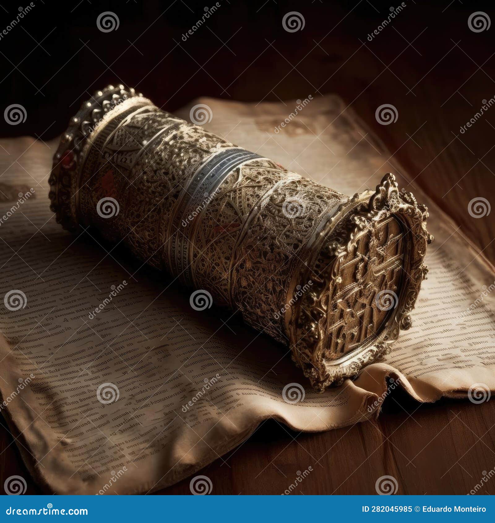 An Ancient Torah Scroll with a Beautiful Silver Crown Known As a "Keter ...
