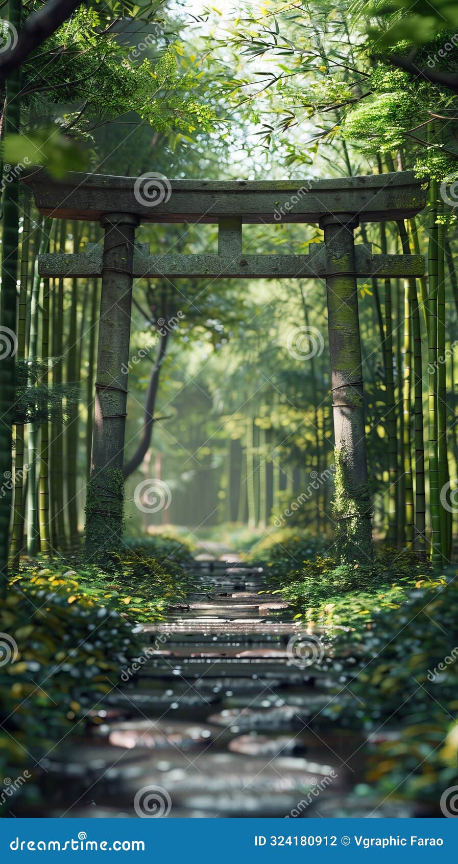 Ancient Torii Gate in a Lush Bamboo Forest with a Tranquil Stone Path ...