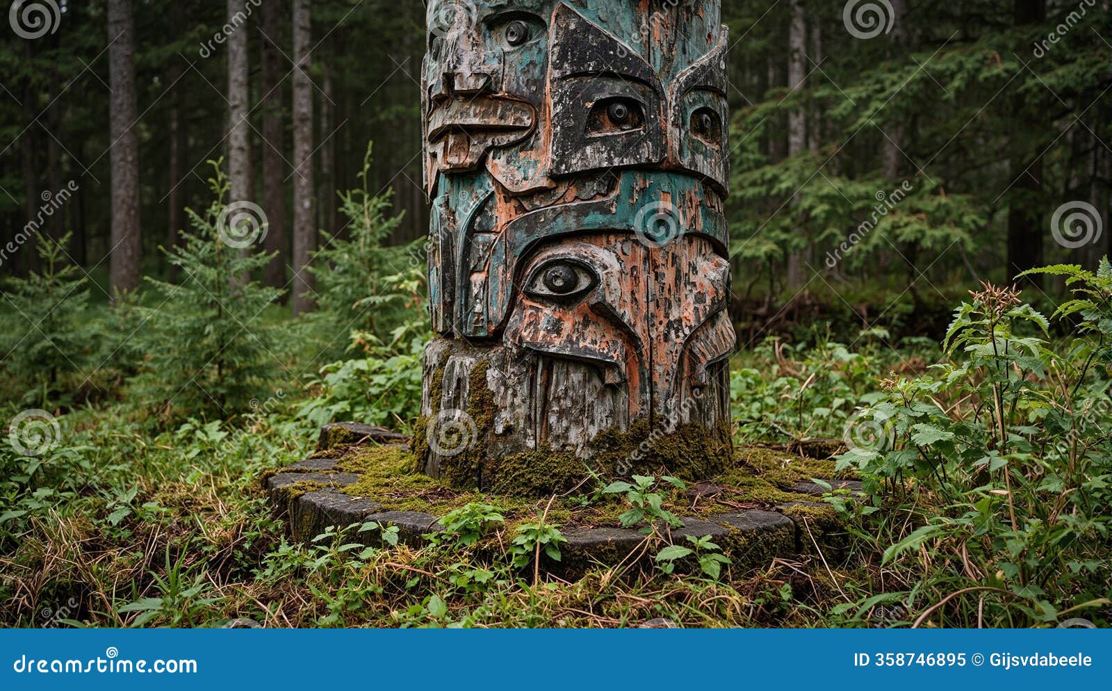 Ancient Totem Pole On Prairie Adorned With Hawks And Bears Amidst ...