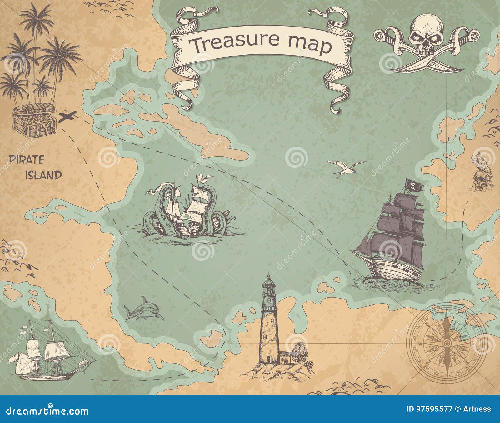 Old Caribbean Sea Map. Ancient Pirate Routes, Fantasy Sea Pirates Ships ...