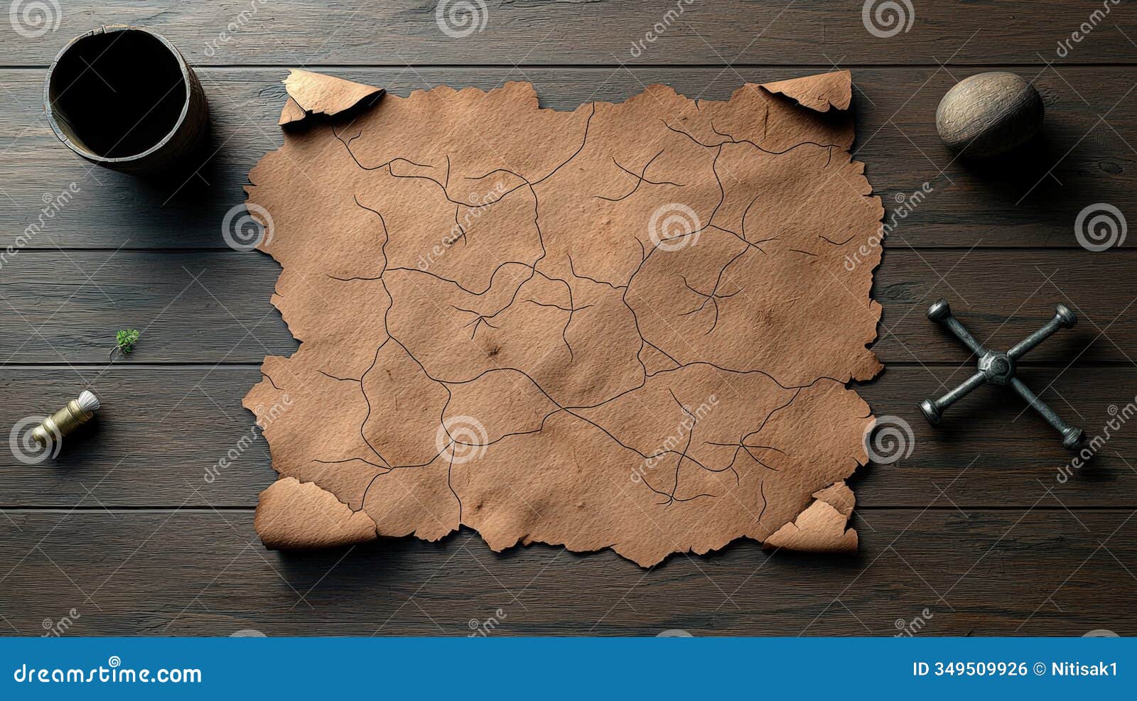 Ancient Treasure Map on Wooden Table with Tools and Materials Stock ...