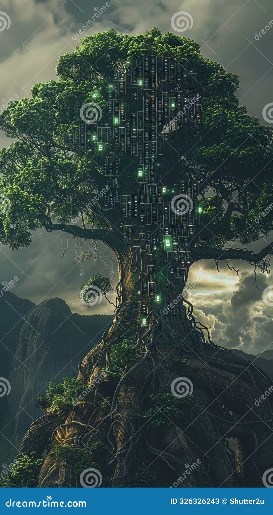 Ancient Tree with Digital Screens for Leaves Blending Nature and ...