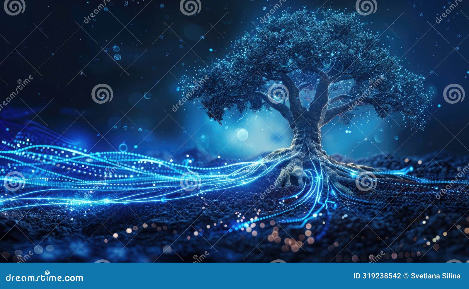 Ancient Tree with Glowing Data Roots and Branches Symbolizes the Growth ...