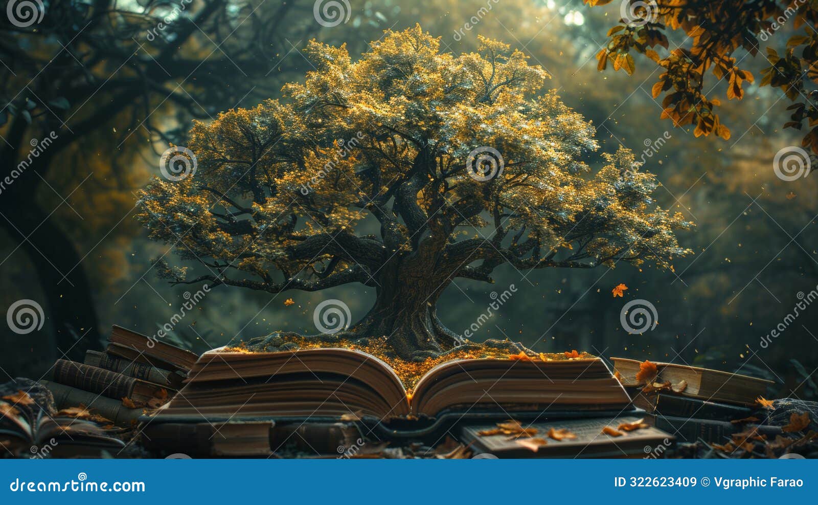 Ancient Tree Growing from Open Book in a Mystical Forest, Magical ...