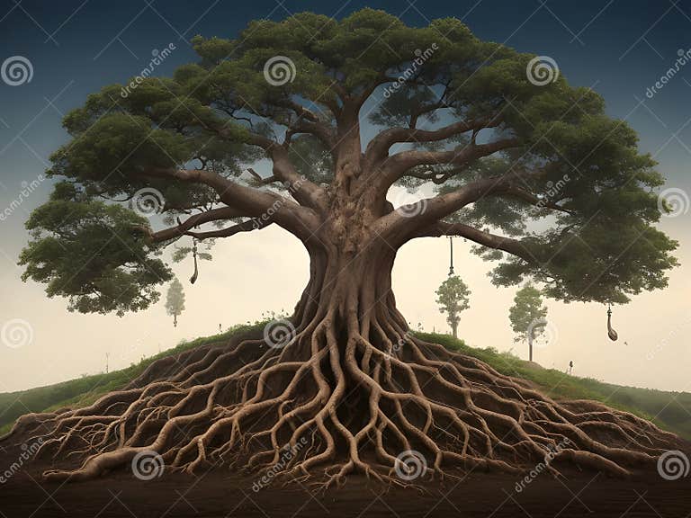 Ancient Tree with Its Roots Stock Illustration - Illustration of desert ...