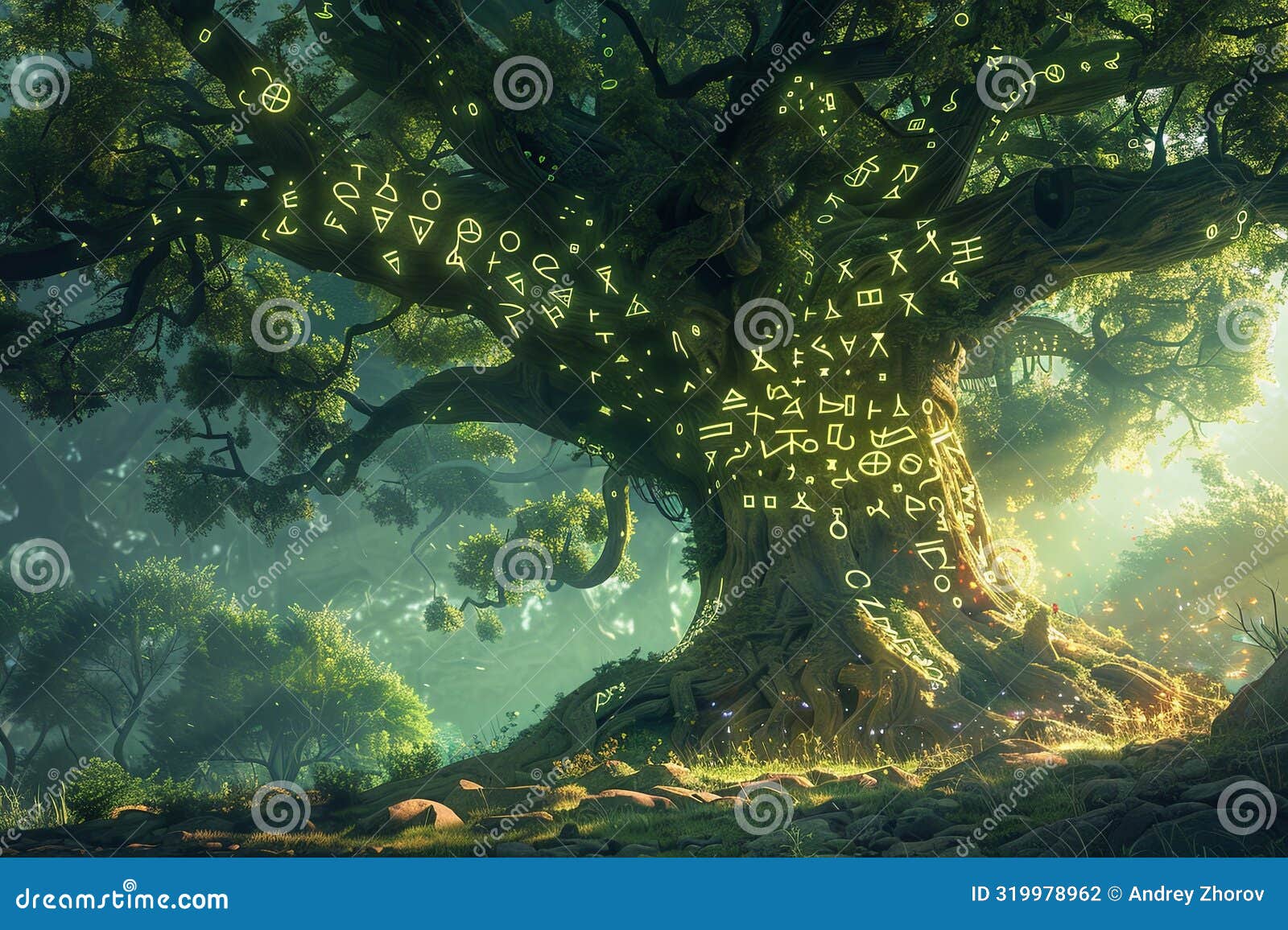 An Ancient Tree with a Massive Trunk Covered in Various Numbers Carved ...