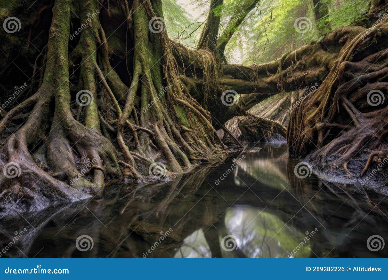 Ancient Tree Roots Embracing a Forest Stream Stock Photo - Image of ...