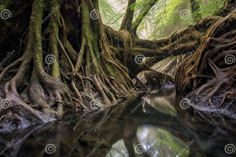 Ancient Tree Roots Embracing a Forest Stream Stock Photo - Image of ...