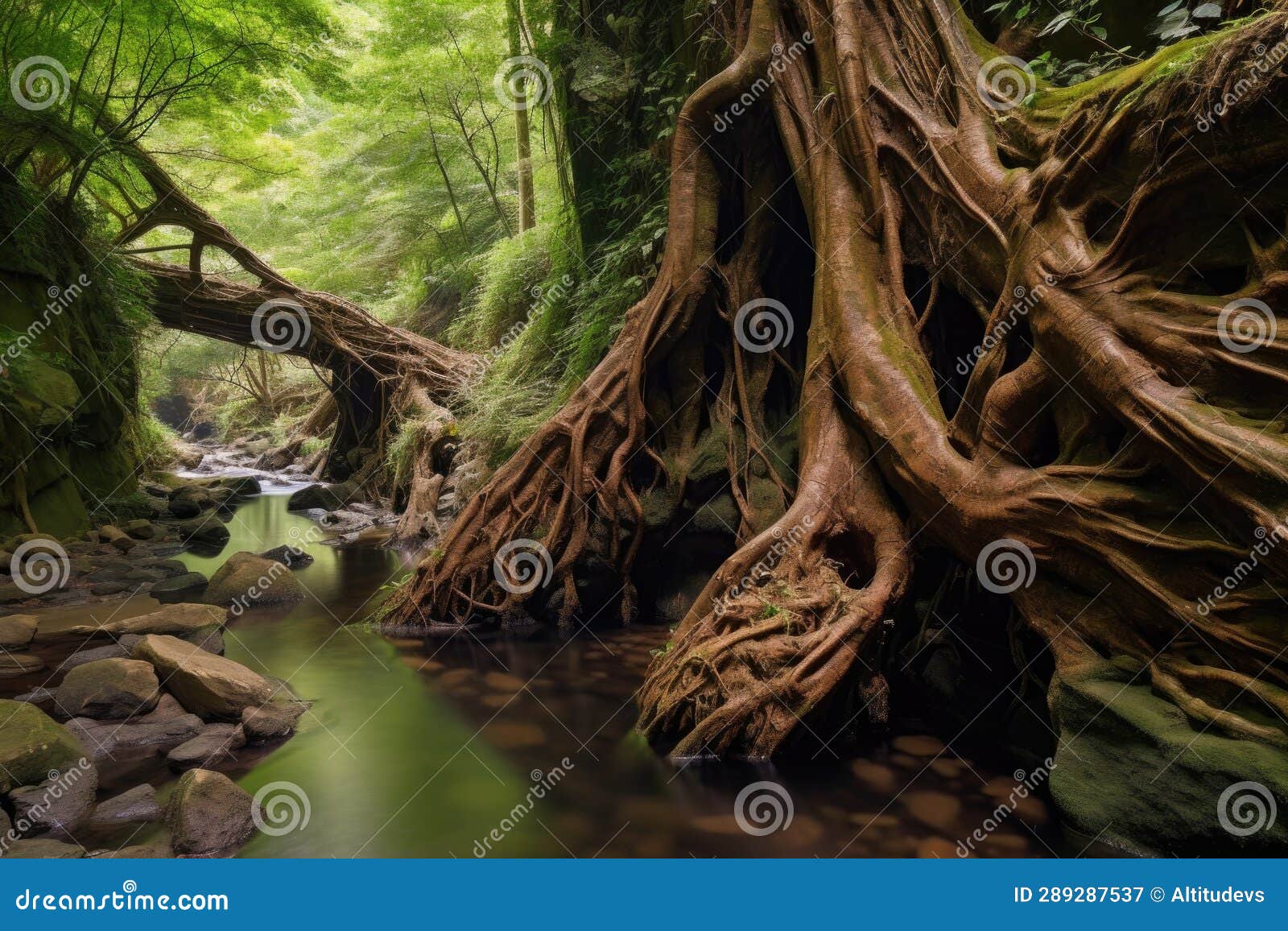 Ancient Tree Roots Embracing a Forest Stream Stock Image - Image of ...
