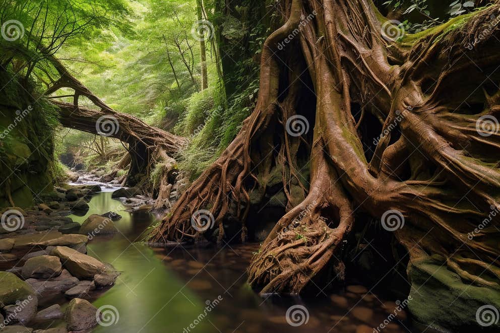 Ancient Tree Roots Embracing a Forest Stream Stock Image - Image of ...