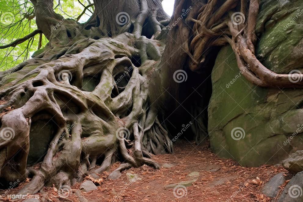 Ancient Tree Roots Entwining Around a Boulder Stock Photo - Image of ...