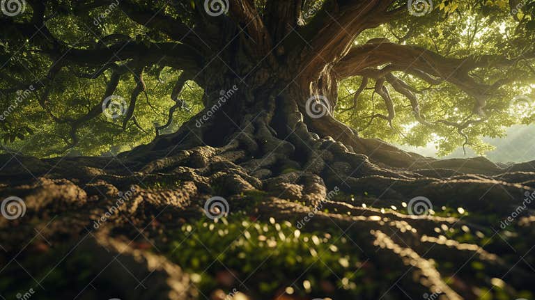 Ancient Tree with Sprawling Roots Stock Photo - Image of whimsical ...