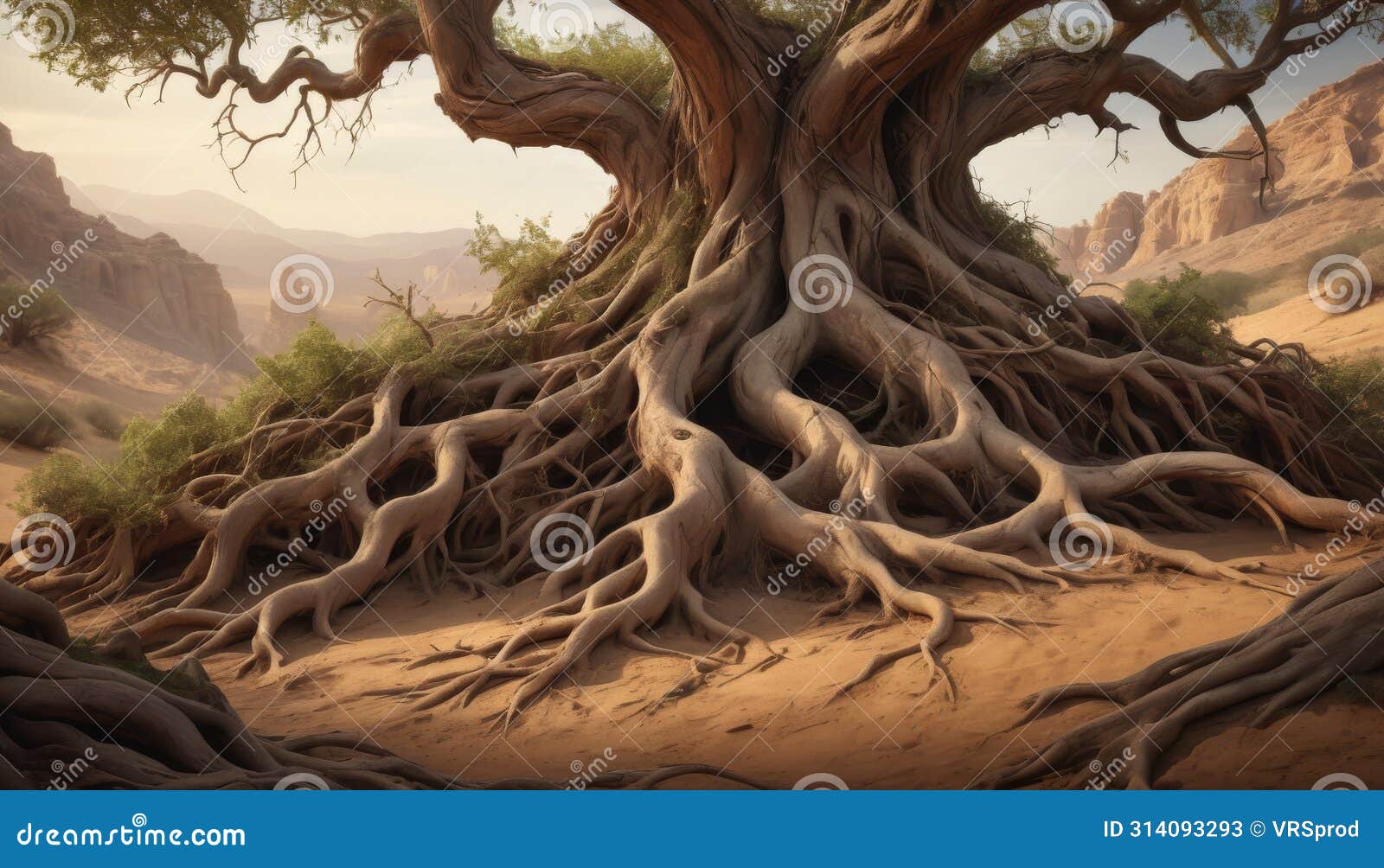 Ancient Tree with Twisted Roots in Desert Stock Image - Image of ...