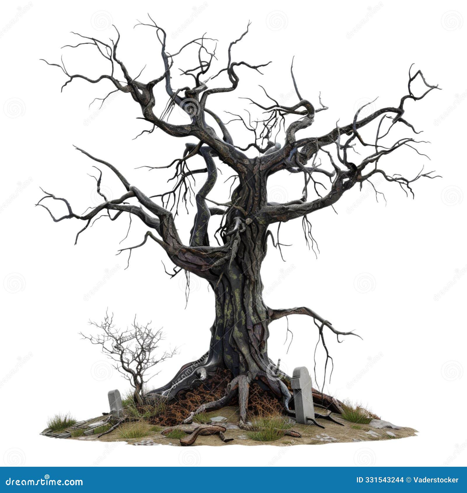 Ancient, Twisted Dead Tree with Roots and Two Tombstones in a Graveyard ...